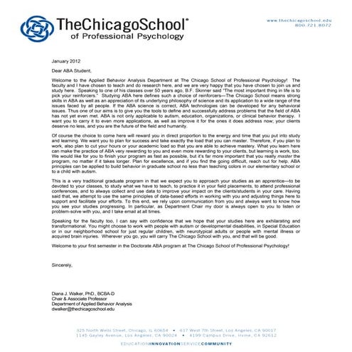 Applied Behavior Analysis Department Welcome Letter - The Chicago ...