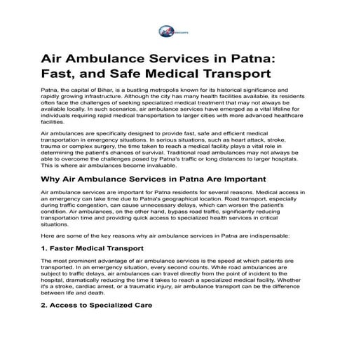 Air Ambulance Services in Patna: Fast, and Safe Medical Transport | PDF