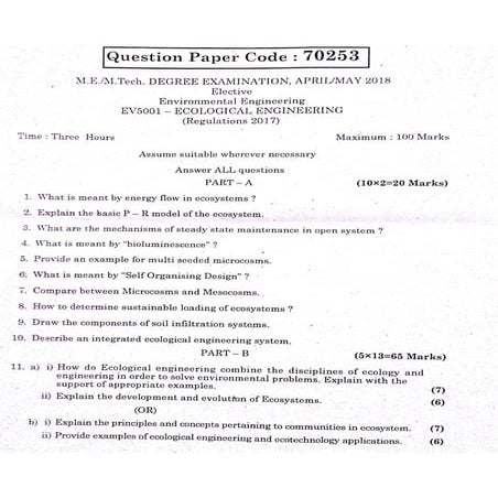 EV5001-Ecological Engineering-previous year question paper | PDF