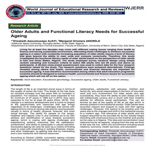 Older Adults and Functional Literacy Needs for Successful Ageing | PDF