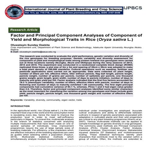 Factor and Principal Component Analyses of Component of Yield and Morphological Traits in Rice ...