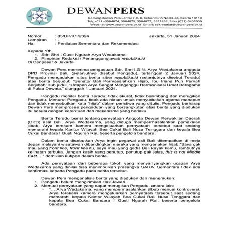 Surat Putusan Dewan Pers 85/DP/K/I/2024 tentang aduan Arya Wedakarna | PDF