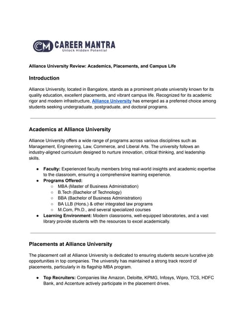 Alliance University: Pioneering Academic Excellence in Bangalore | PDF