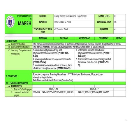 G7_DLL_MAPEH_PE_4th quarter.docx detailed | DOCX