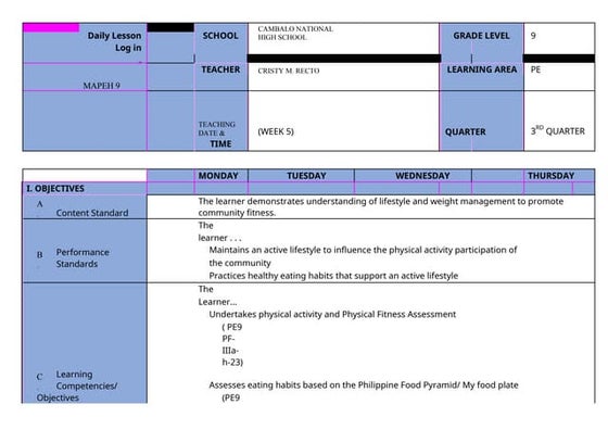 Q2 Grade 9 PE DLL Week 1.pdf | Education