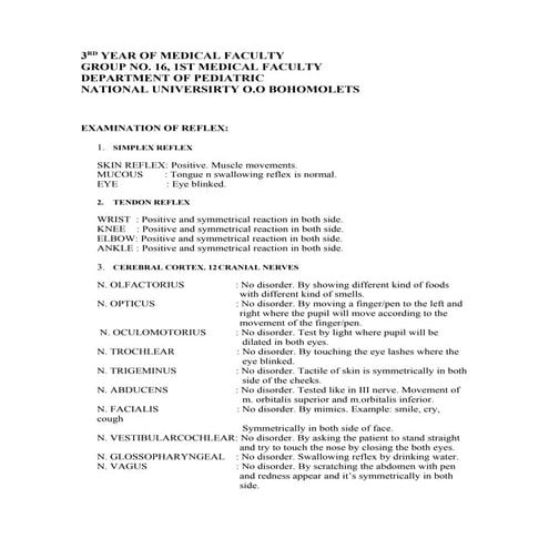 Rubzzzz's Pediatric Reflex tests 3th year | PDF