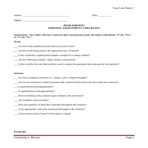 Peer editing checklist for presentation | PDF