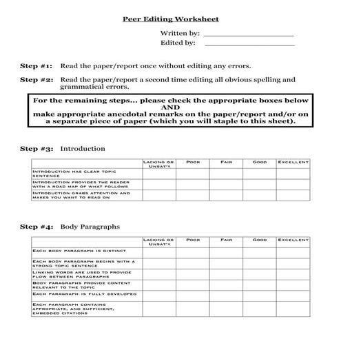Peer editing worksheet | PDF | Homework and Study | Education