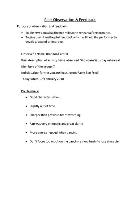 Peer observation sheet (Jack sweeney todd) | DOCX