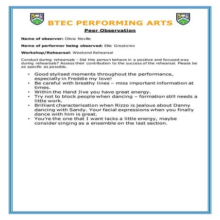 Weekend Rehearsal Peer Observation | DOCX