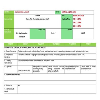 Physical Education an Health Quarter 1 Week 1 | DOCX