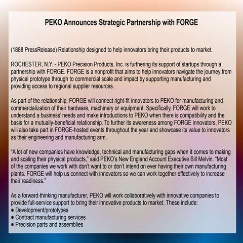 PEKO Announces Strategic Partnership with FORGE | PPT | Manufacturing Industry | Industries