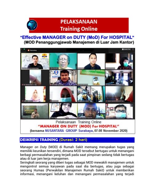 RENCANA Training Online "Effective Manager on Duty (MoD} for HOSPITAL ...