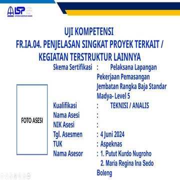 Uji Kompetensi SKK Pelaksana Lapangan Pekerjaan Pemasangan Jembatan Rangka Baja Standar Madya.pptx
