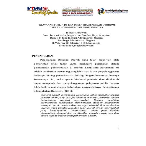 Pelayanan publik di era desentralisasi dan otonomi daerah dinamika dan problematika | PDF