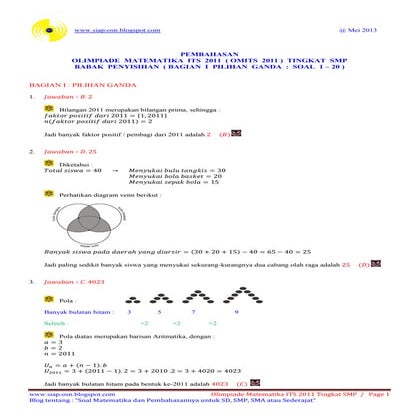 Pembahasan olimpiade matematika its 2011 tingkat smp babak penyisihan (bagian i pilihan ganda ...