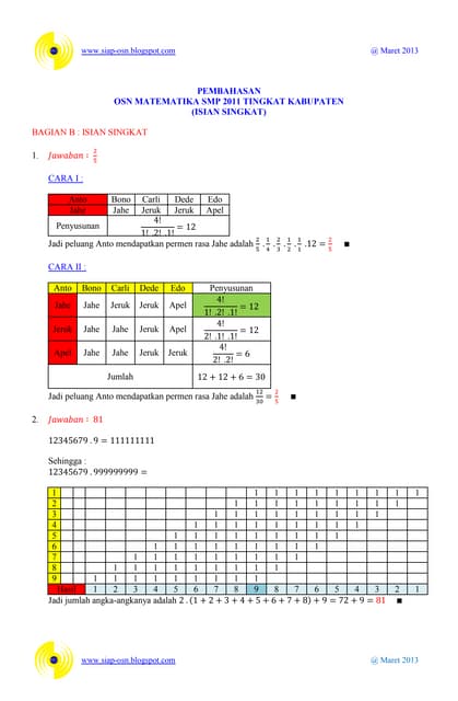 Pembahasan osn matematika smp 2012 isian singkat tingkat kabupaten | PDF
