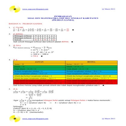 Pembahasan osn matematika smp 2011 pilihan ganda tingkat kabupaten | PDF