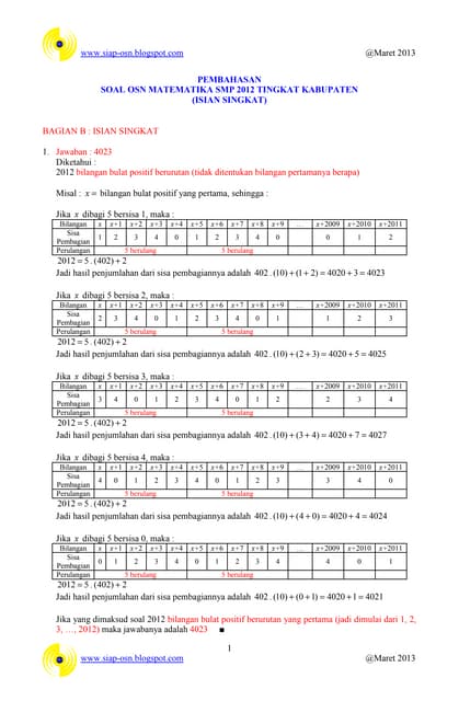 Pembahasan osn matematika smp 2012 pilihan ganda tingkat kabupaten | PDF