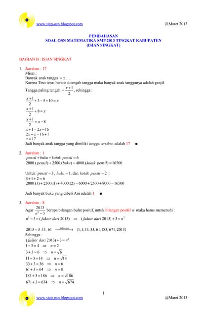 Soal dan pembahasan ujian nasional matematika smp 2013 paket 1 | PDF