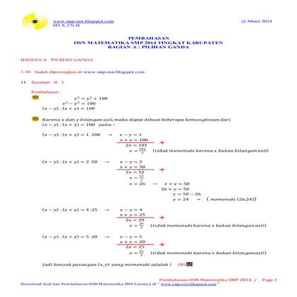 Pembahasan osn matematika smp 2014 tingkat kabupaten (bagian a pilihan ganda) 2 | PDF