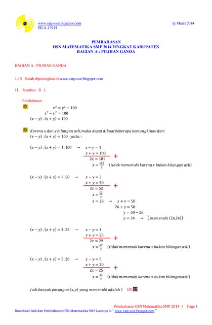 Pembahasan osn matematika smp 2012 pilihan ganda tingkat kabupaten | PDF