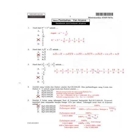 Pembahasan Soal UN Matematika SMP 2013 ala orang kampung | PDF