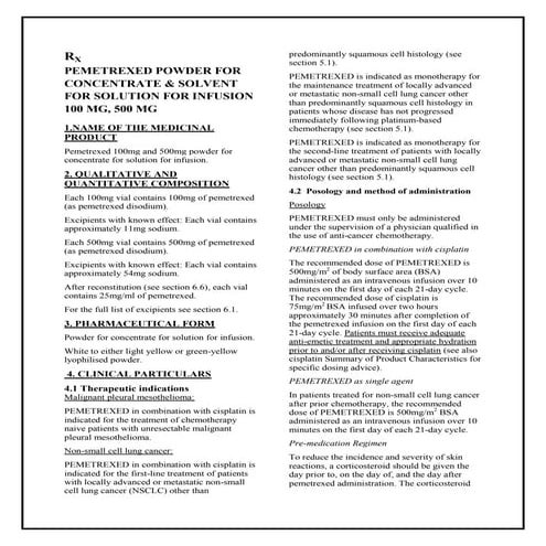 Pemetrexed 100mg and 500mg powder for concentrate for solution for ...