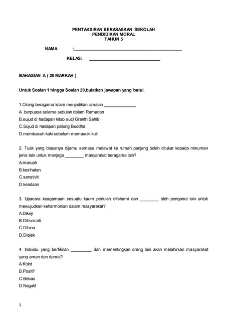 SOALAN UJIAN MAC PENDIDIKAN MORAL TINGKATAN 2 | DOCX