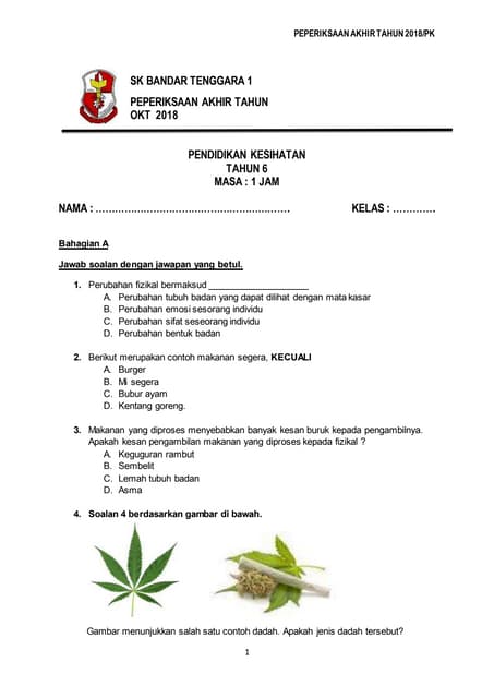 Soalan Pendidikan Kesihatan Tahun 4 2018 | DOC