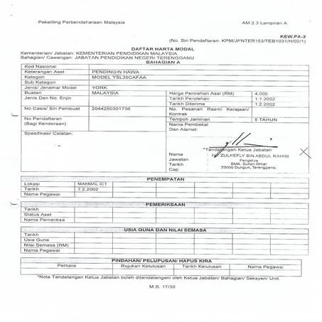 Harta Modal (KEW.PA-3) Peralatan ICT Pendingin Hawa SMKSO | PDF