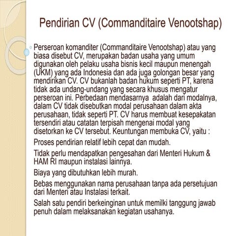 Pendirian cv (commanditaire venootshap) | PPTX