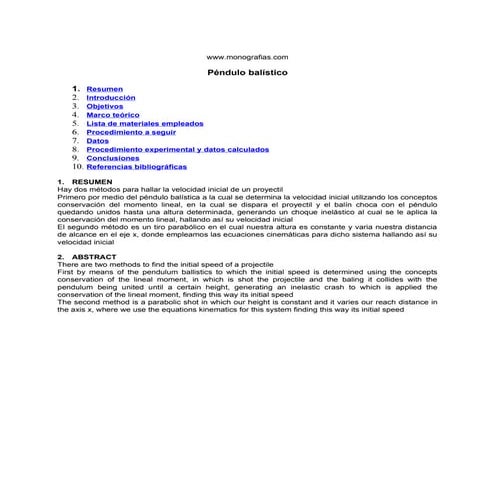Laboratorio de fisica: pendulo balistico | PDF