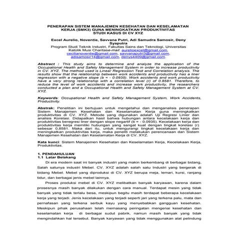 PENERAPAN SMK3 GUNA MENINGKATKAN PRODUKTIVITAS DI CV XYZ | PDF
