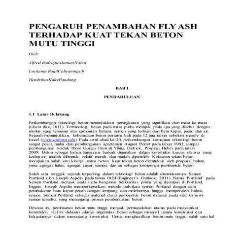 Pengaruh penambahan fly ash terhadap kuat tekan beton mutu | DOCX