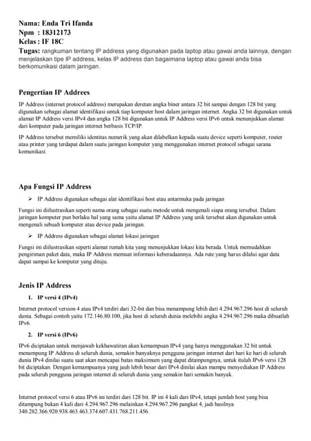 Pengenalan dan Pemahaman IP Address Jaringan Komputer | PPT