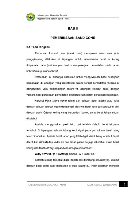 Sand cone test (Tes Kepadatan Tanah di Lapangan) | PDF
