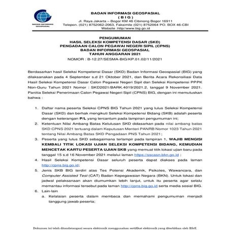 pengumuman-hasil-skd-2021 Badan Informasi Geospasial df | PDF