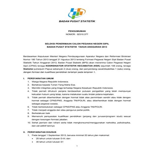 Pengumuman final CPNS BPS 2013 | PDF