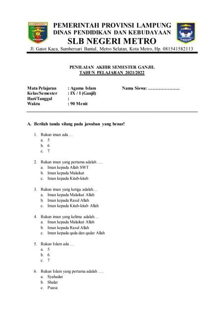 Soal pas 2021-2022 bahasa Indonesia kls vii tunagrahita ringan | DOCX