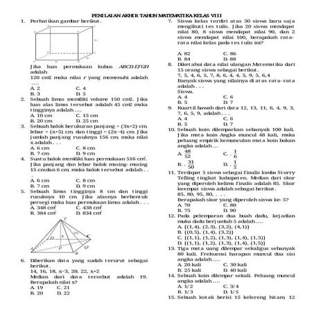 Penilaian akhir tahun matematika kelas viii | PDF