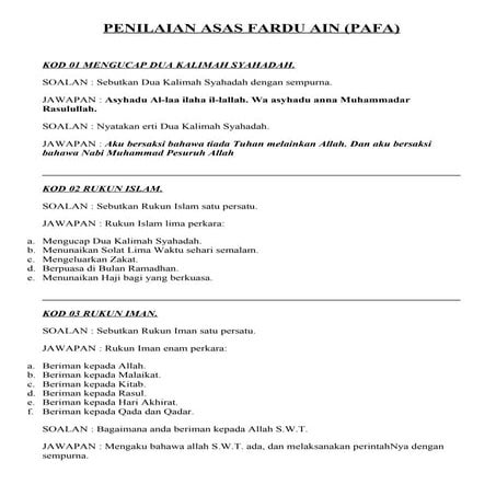 PAFA - PENILAIAN ASAS FARDHU AIN UNTUK TAHUN 1 | DOCX