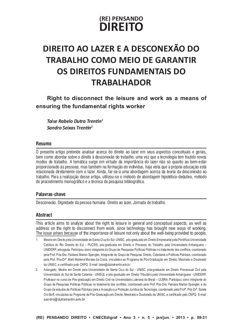 Estágio Ii Pensando Direito Direito Ao Lazer E A Desconexão Do Tr…
