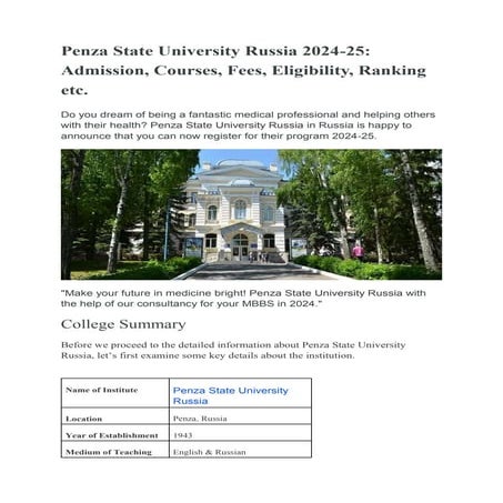 Penza State University Russia 2024-25: Admission, Courses, Fees ...