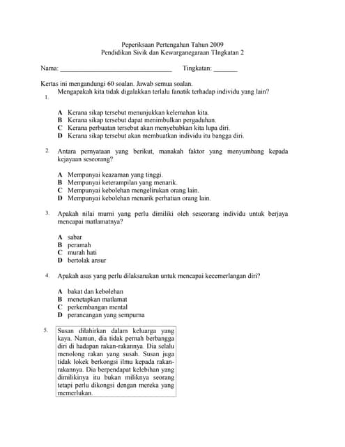 SOALAN UJIAN MAC PENDIDIKAN MORAL TINGKATAN 2 | DOCX