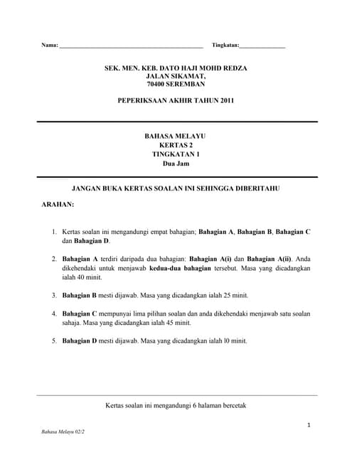 Penilaian Sumatif Bahasa Melayu Tahun 6 | PDF