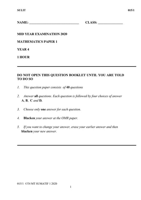 Mathematics exam paper year 5(dlp) | DOCX