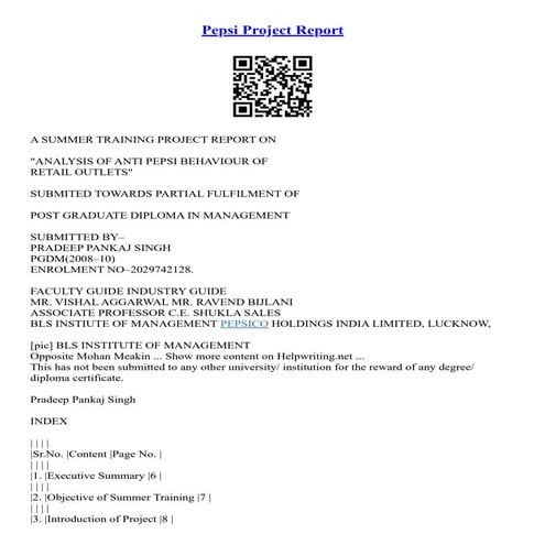 Pepsi Project Report | PDF