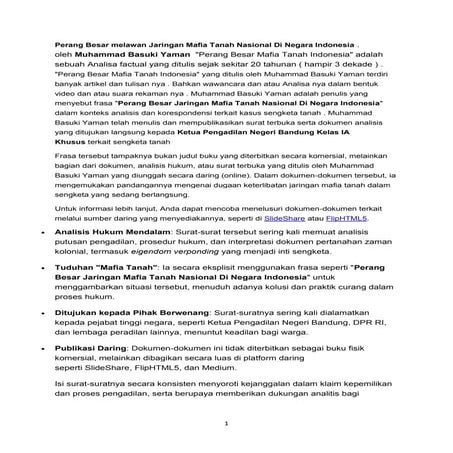 Perang Besar melawan Jaringan Mafia Tanah Nasional Di Negara Indonesia oleh Muhammad Basuki ...