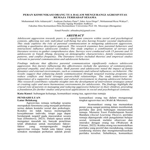 Peran Komunikasi Orang Tua Dalam Mengurangi Agresivitas Remaja Terhadap